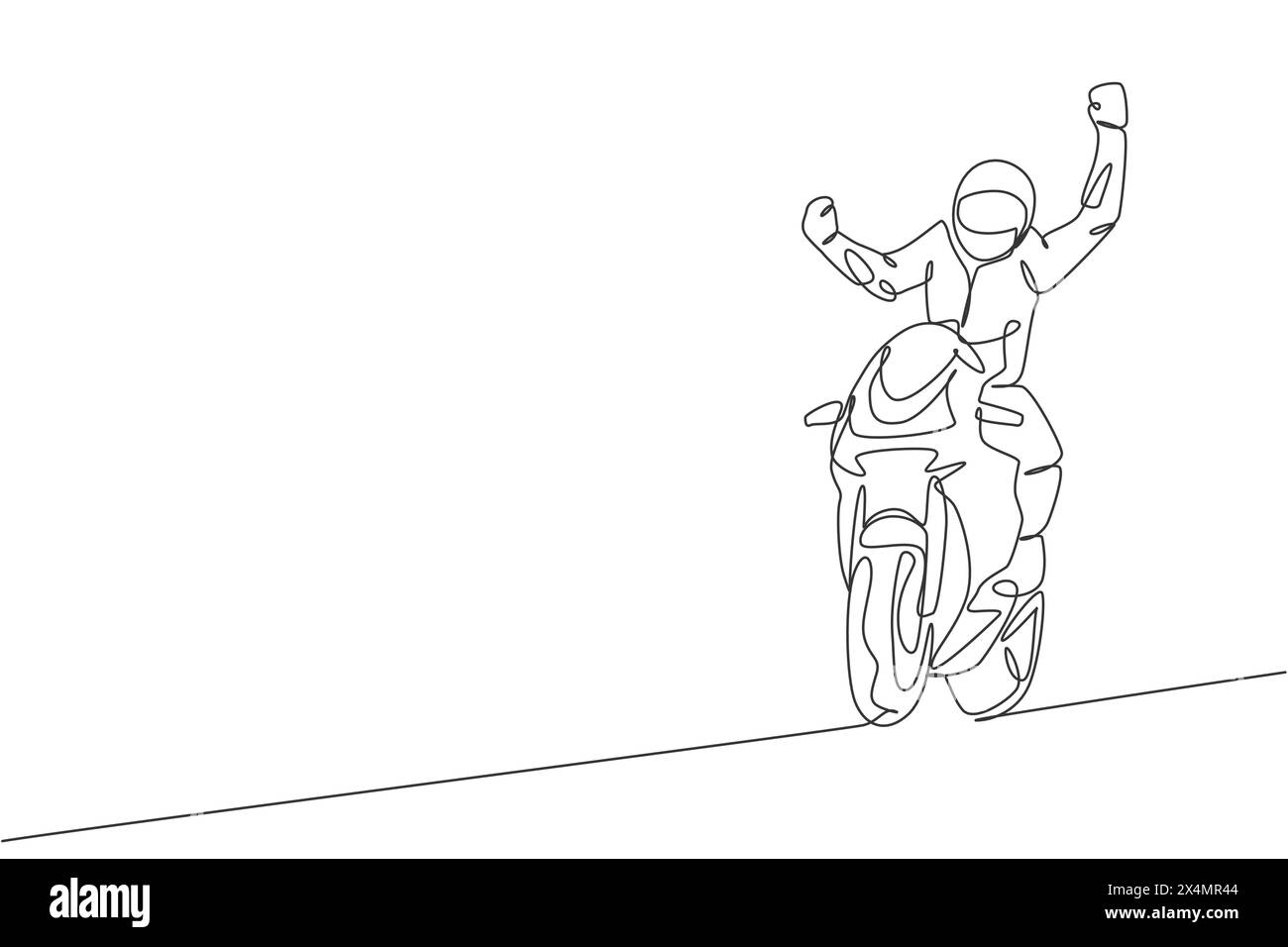 One single line drawing of young moto biker celebrate winning with ...