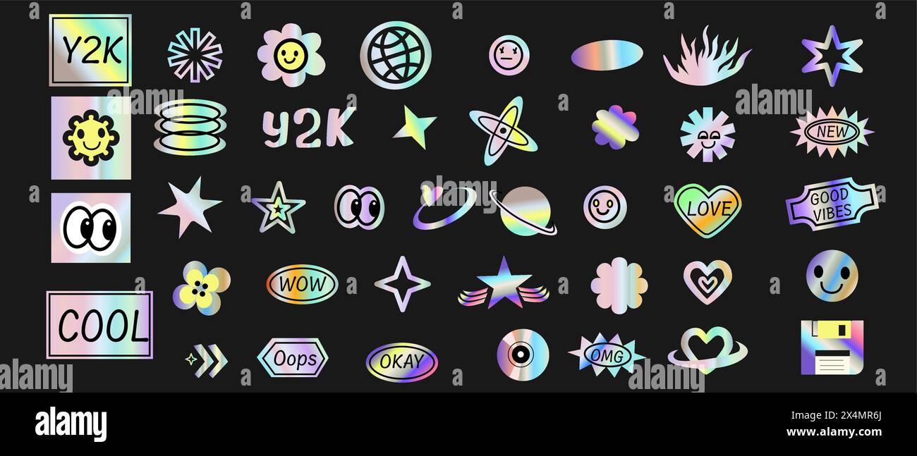 Y2k elements set with gradient, 2000s holographic stickers in retro 00s ...