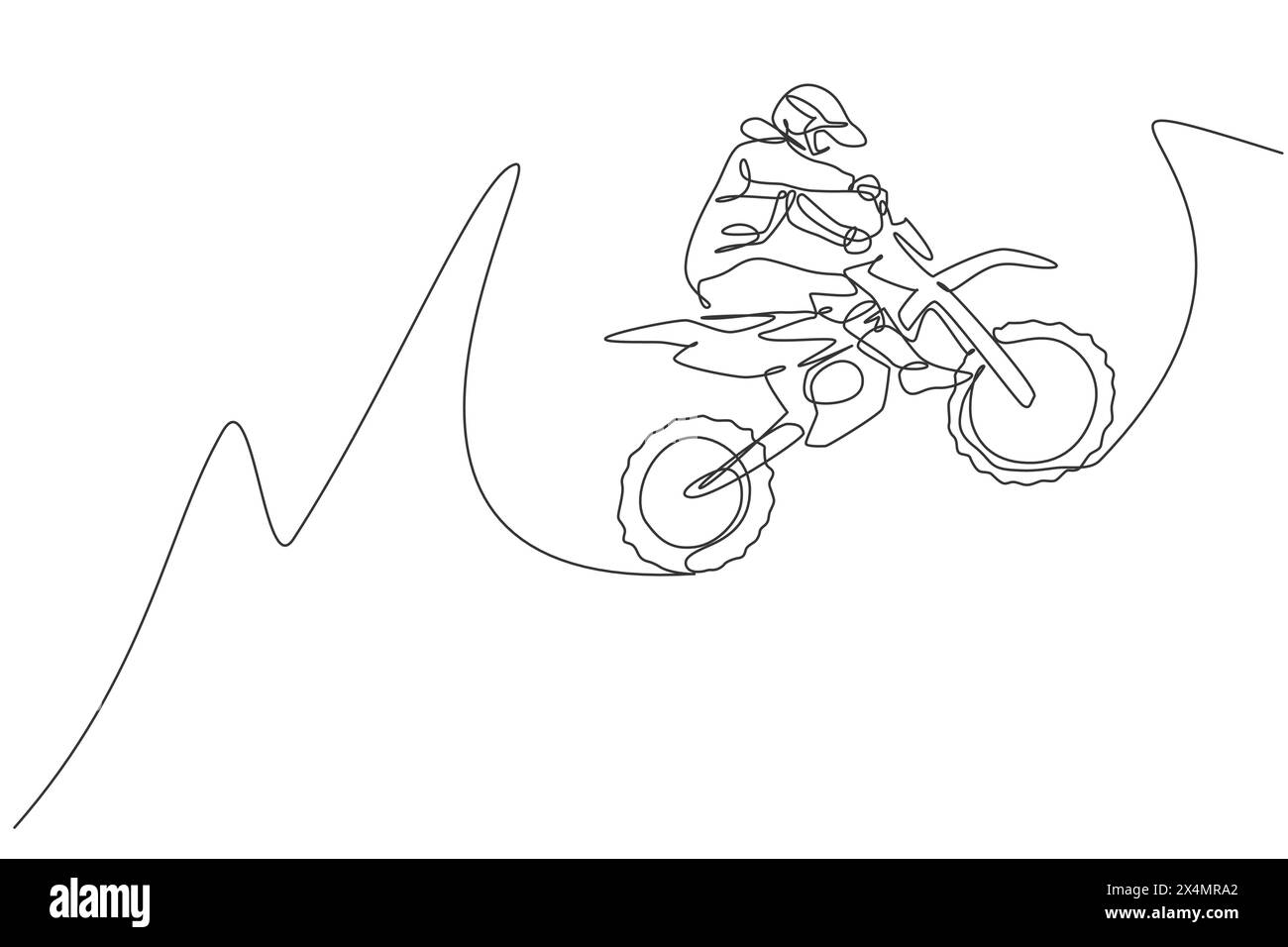 One continuous line drawing of young motocross rider jumping fly high ...