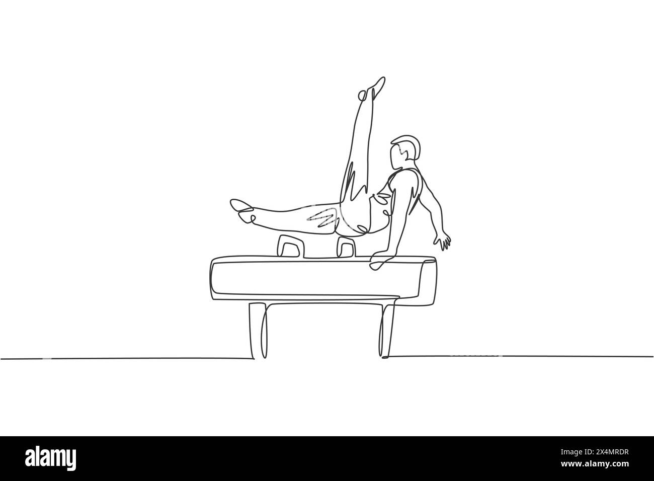 One single line drawing of young handsome gymnast man exercising pommel ...