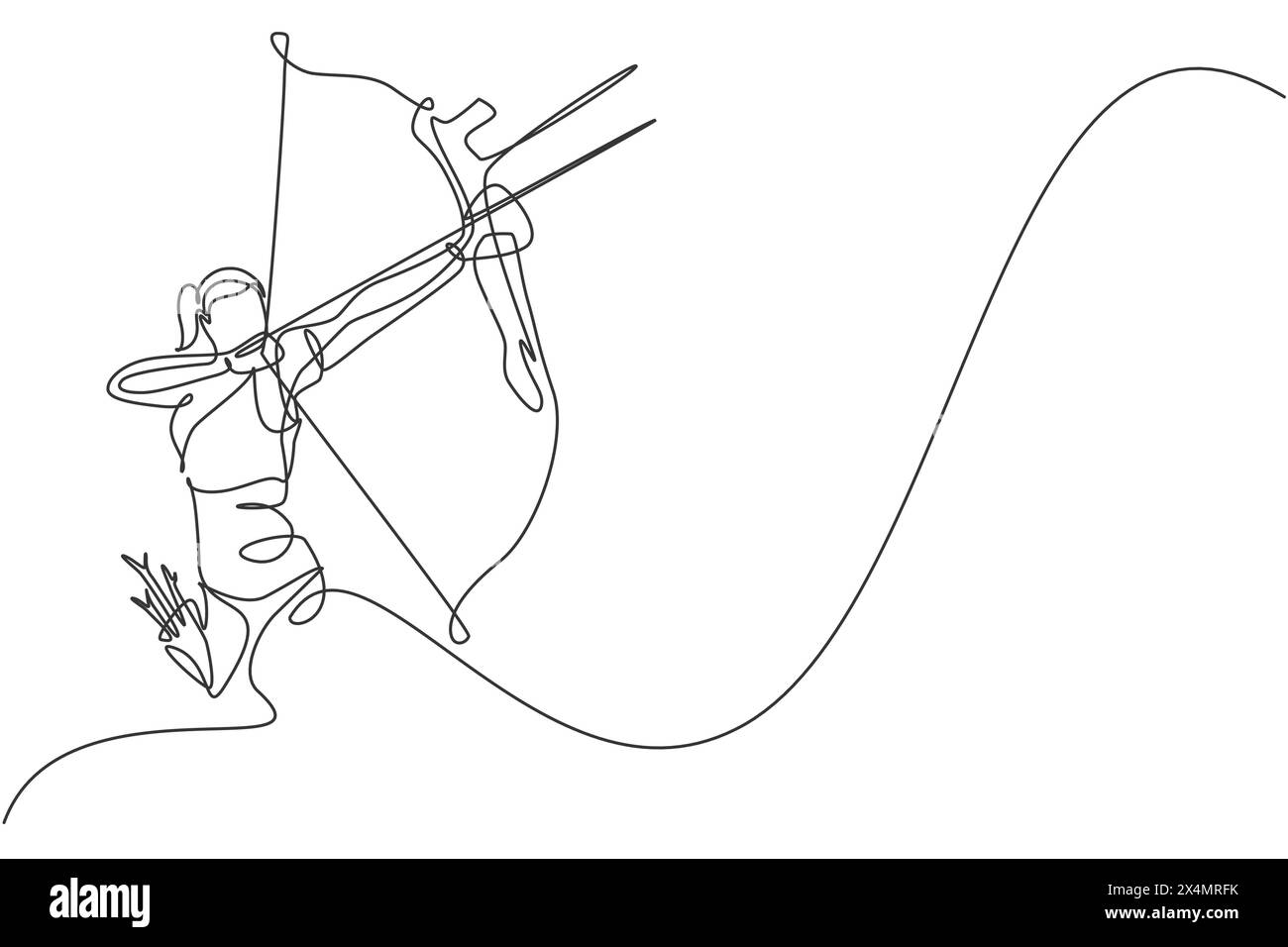 One continuous line drawing of young archer woman pulling the bow to ...