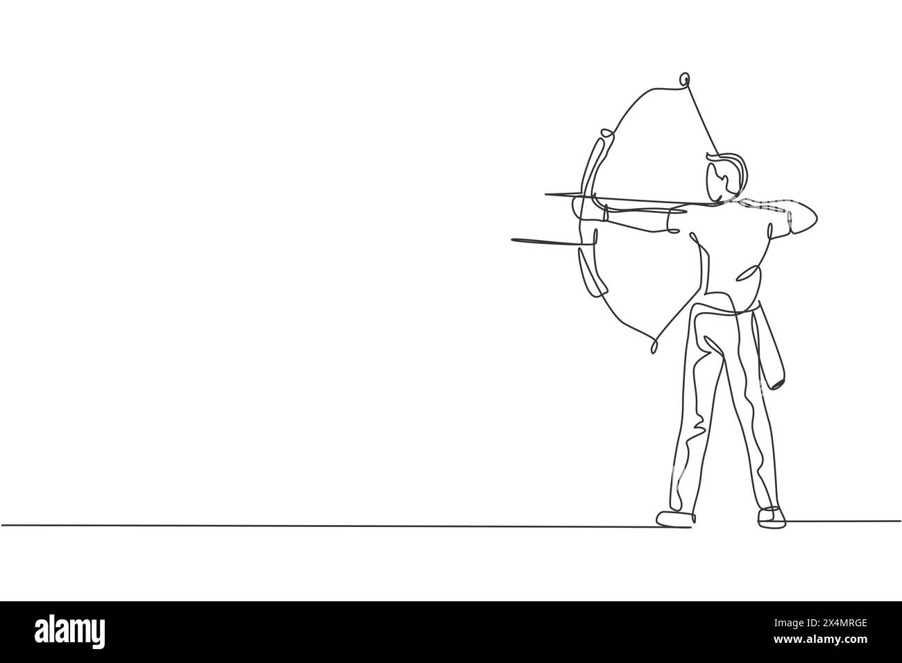 Single continuous line drawing of young professional archer man focus aiming archery target ...