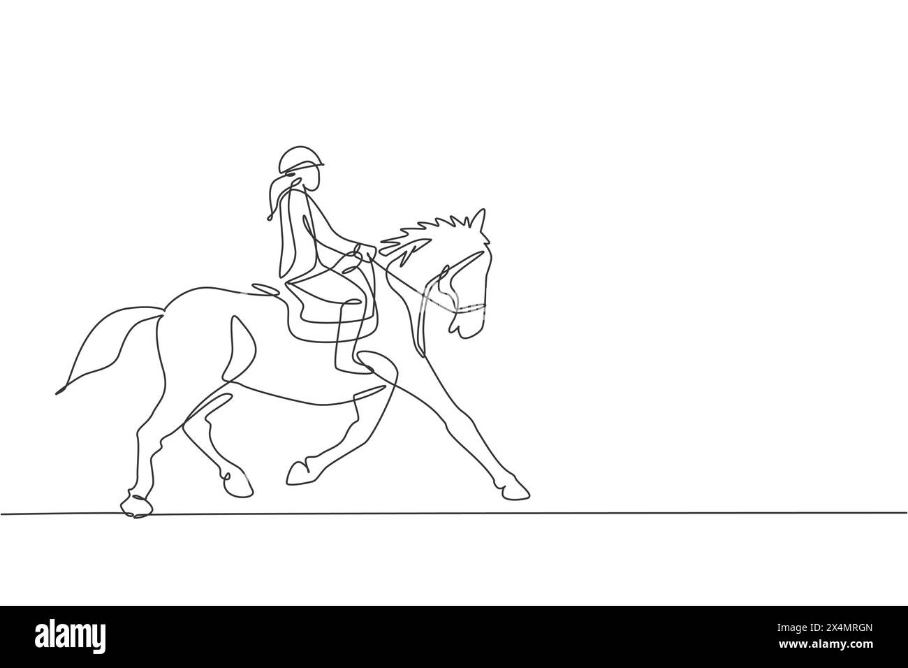 One continuous line drawing of young horse rider woman in action ...
