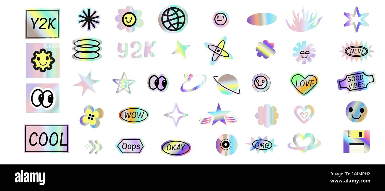 Y2k elements set with gradient, 2000s holographic stickers in retro 00s ...