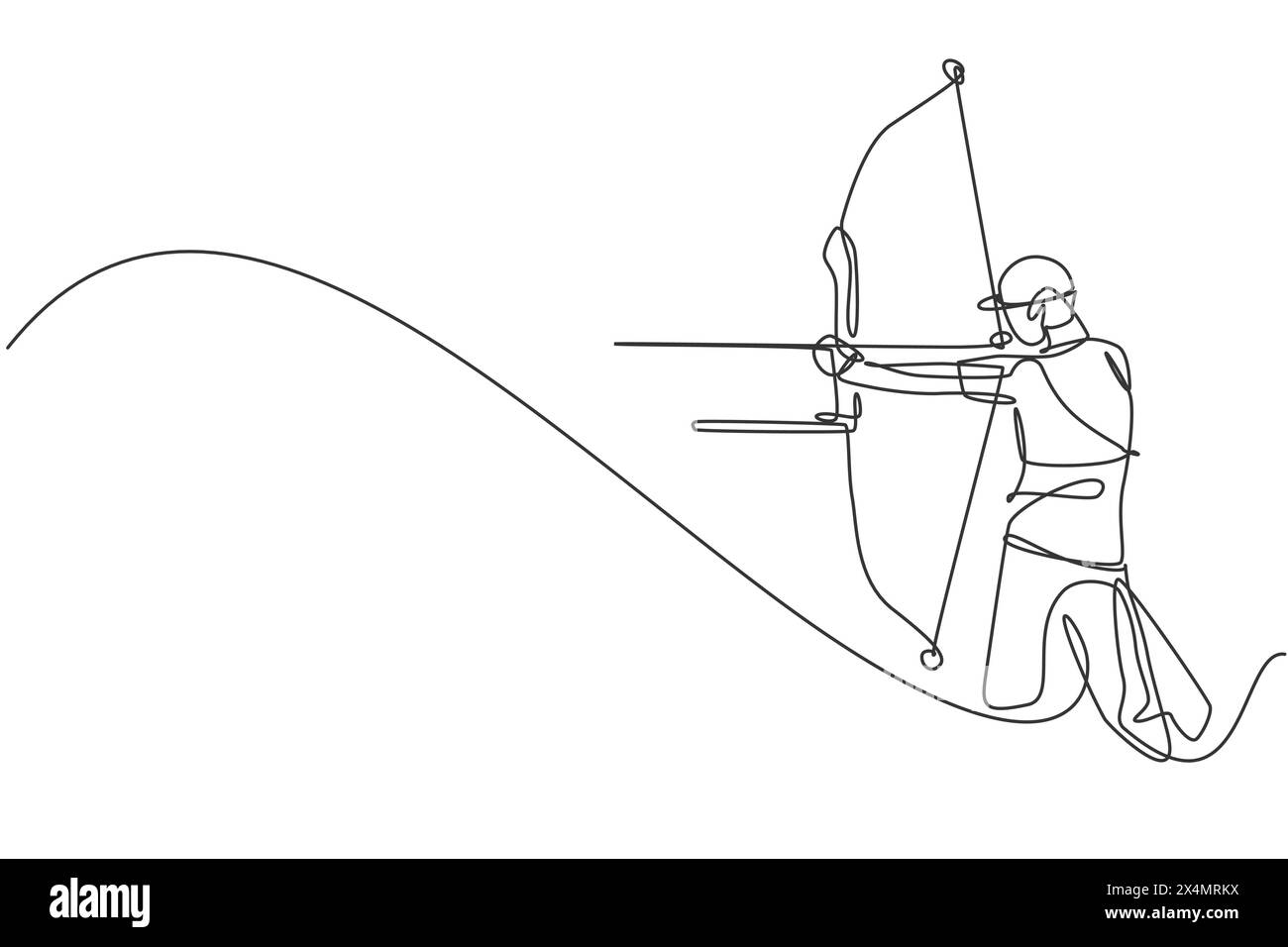 Single continuous line drawing of young professional archer man focus aiming archery target ...
