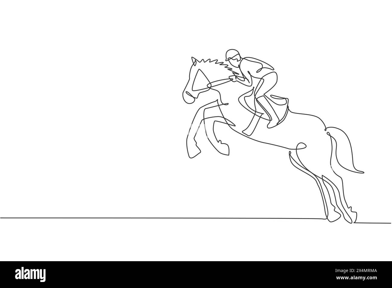 One continuous line drawing of young horse rider man in action. Train ...
