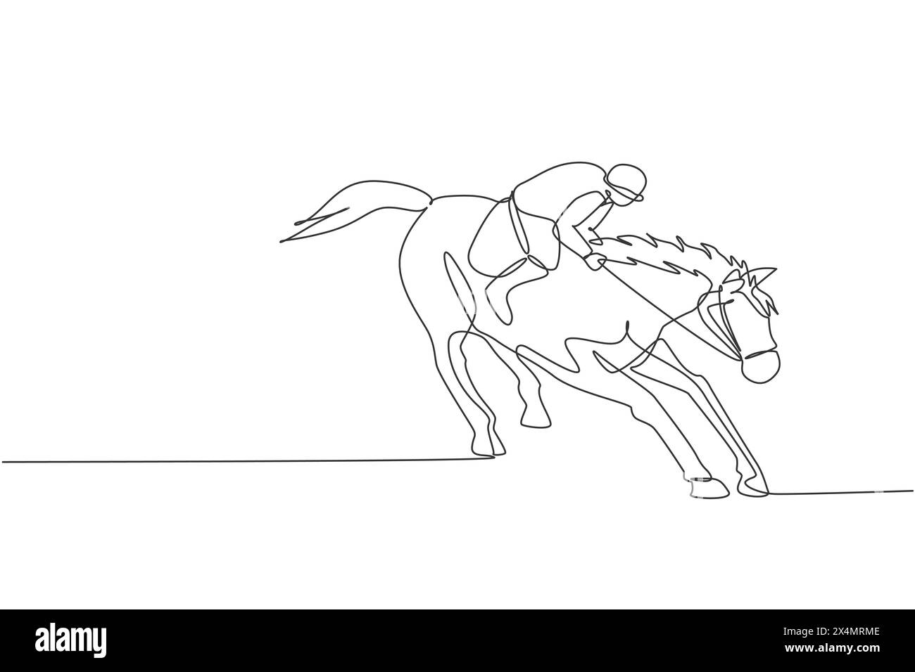 One continuous line drawing of young horse rider man in action. Equine ...