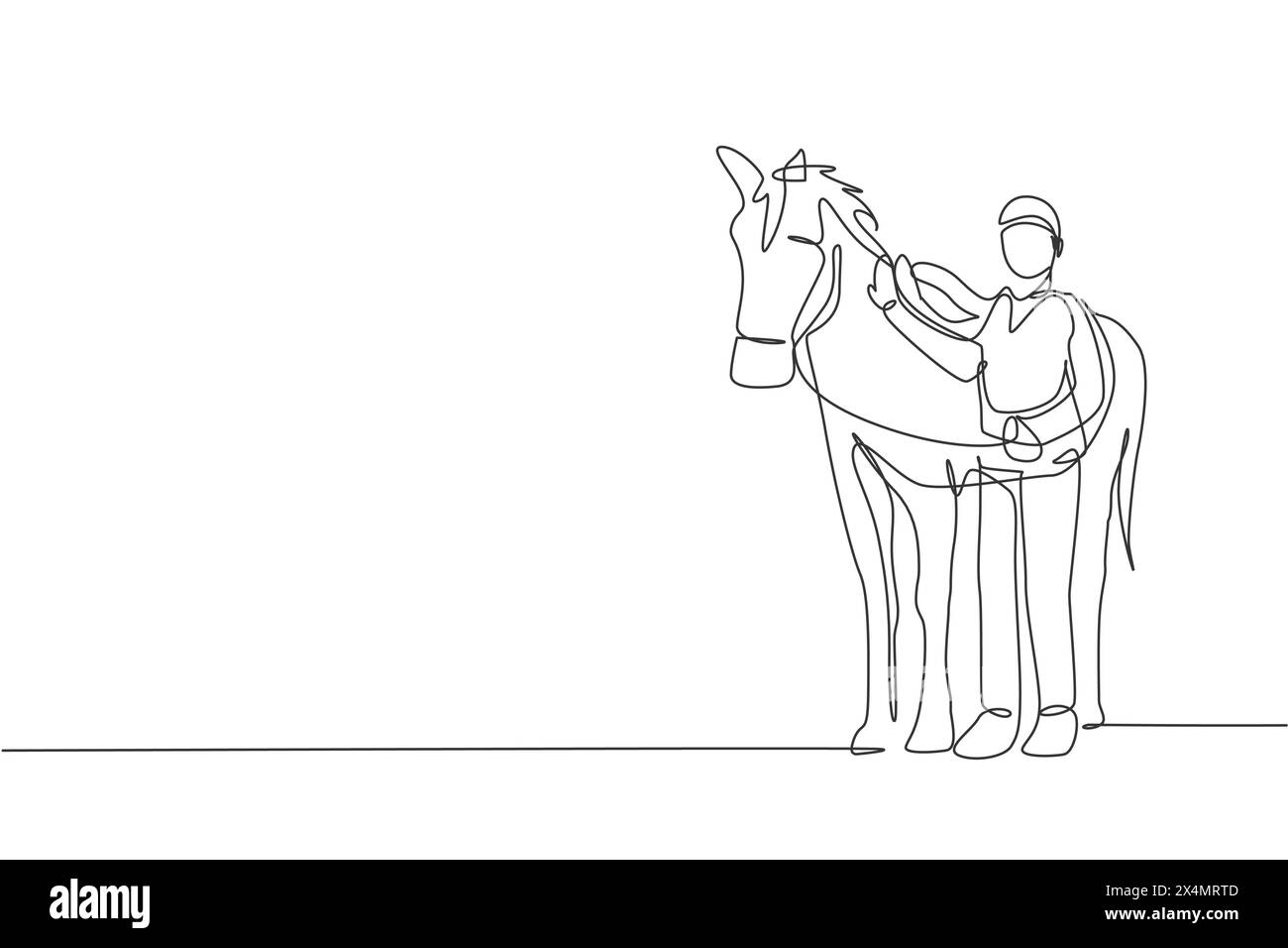 One continuous line drawing of young horse rider man rubbing and ...