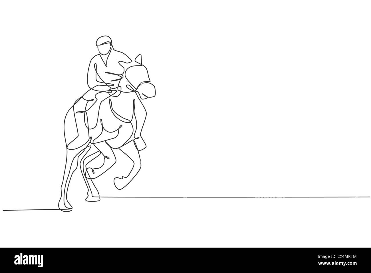 One continuous line drawing young horse rider man in action to run ...