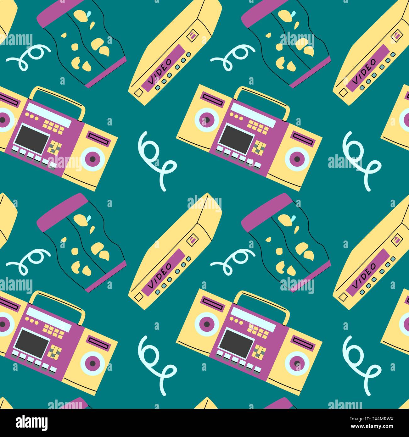 90s retro element seamless pattern, retro style, game and music items ...