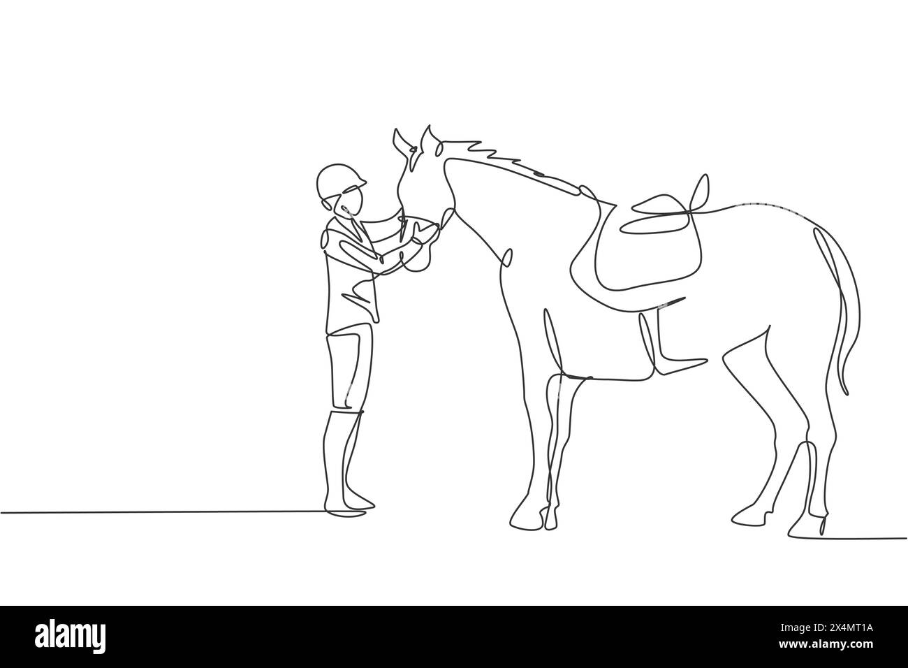 Single continuous line drawing of young professional horseback rider ...