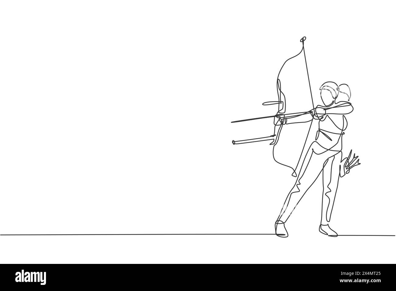 One continuous line drawing of young archer woman pulling the bow to shooting an archery target ...
