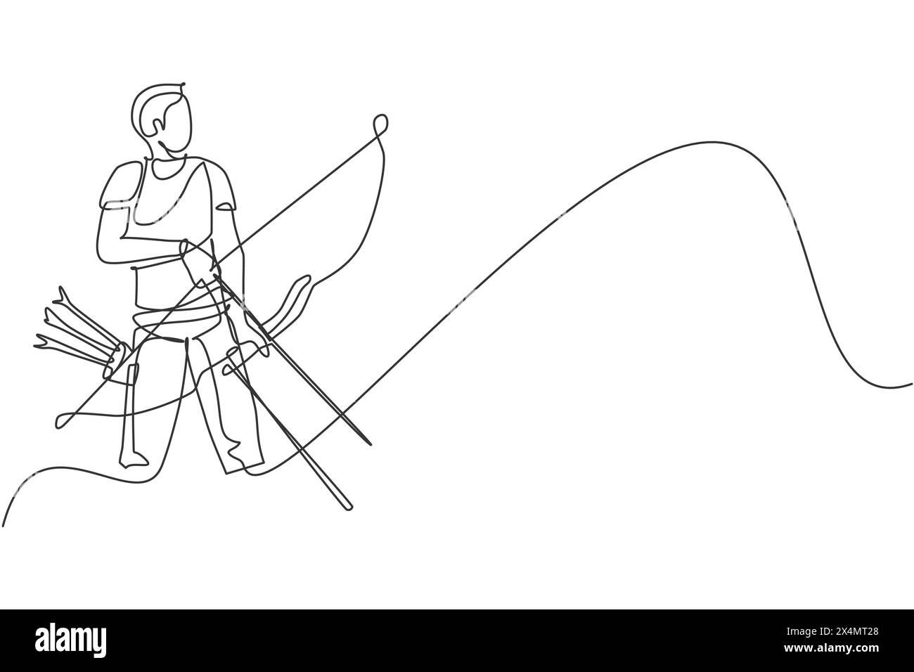 One single line drawing of young archer man focus exercising archery to ...