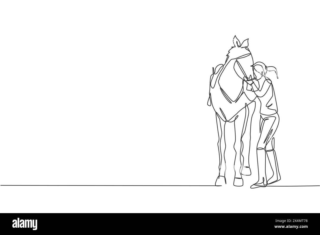 One single line drawing young horse rider woman hugging and rubbing her ...