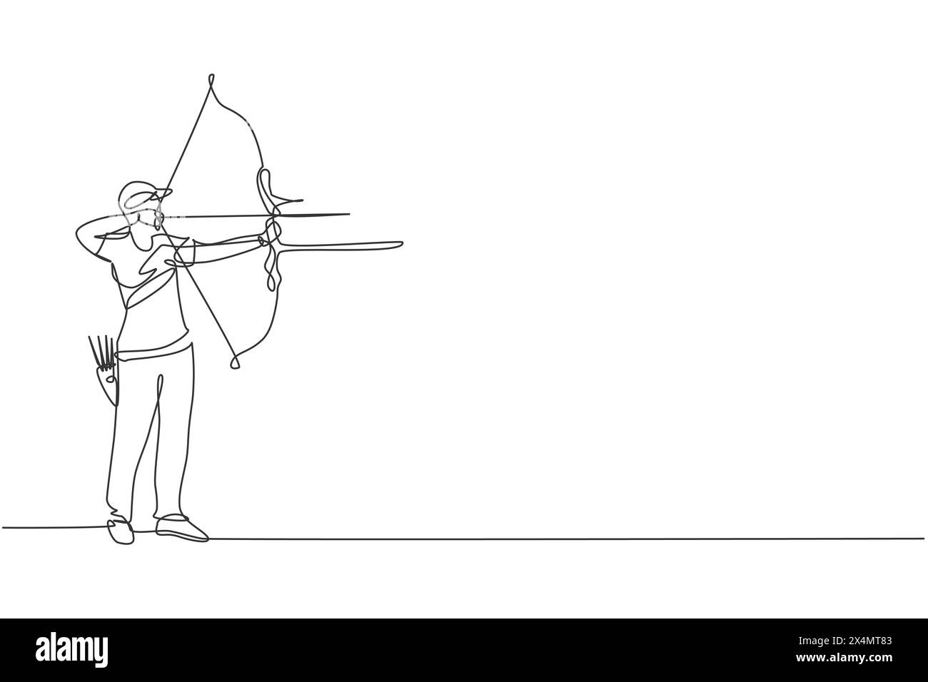 One continuous line drawing of young archer man pulling bow to shooting an archery target ...