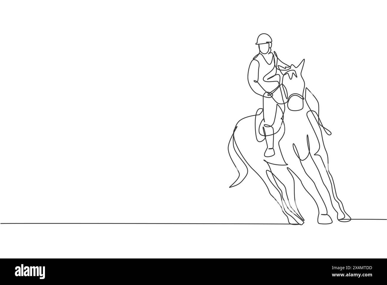 One single line drawing of young horse rider man performing dressage ...