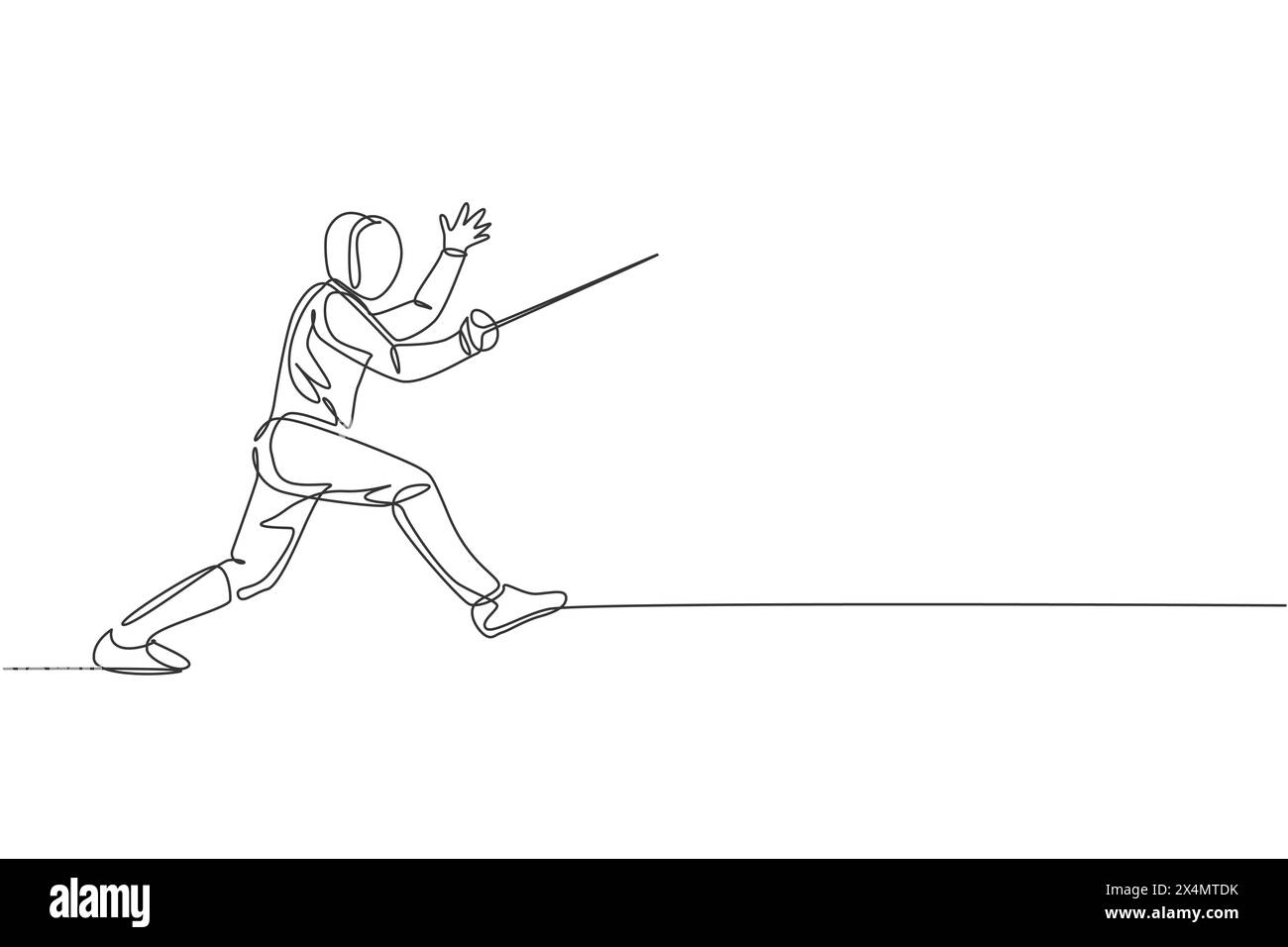 One continuous line drawing of young man fencing athlete practice ...