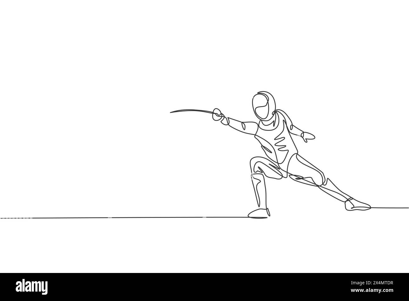One continuous line drawing of young man fencing athlete practice ...