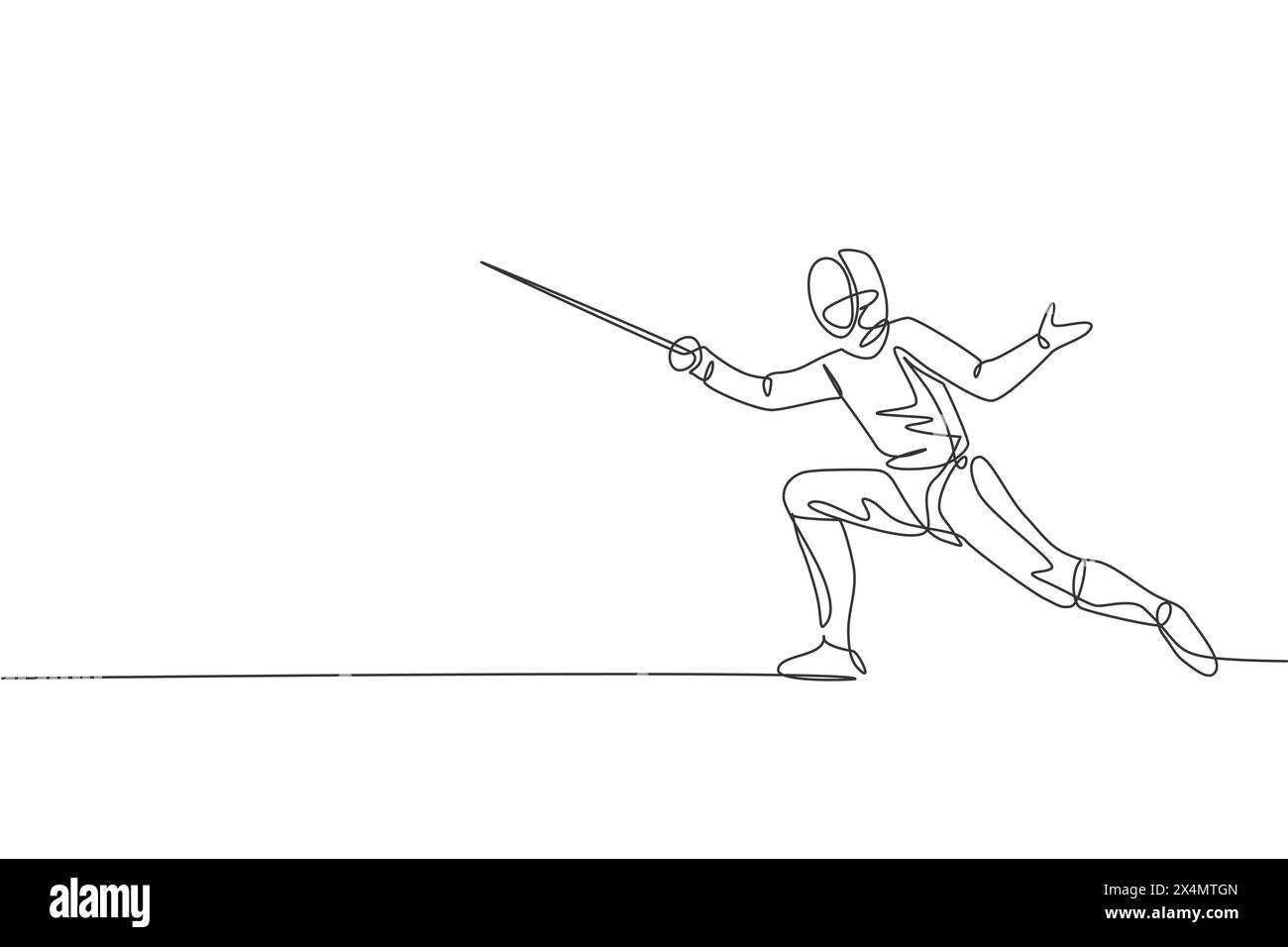 One single line drawing of young man fencer athlete in fencing costume ...