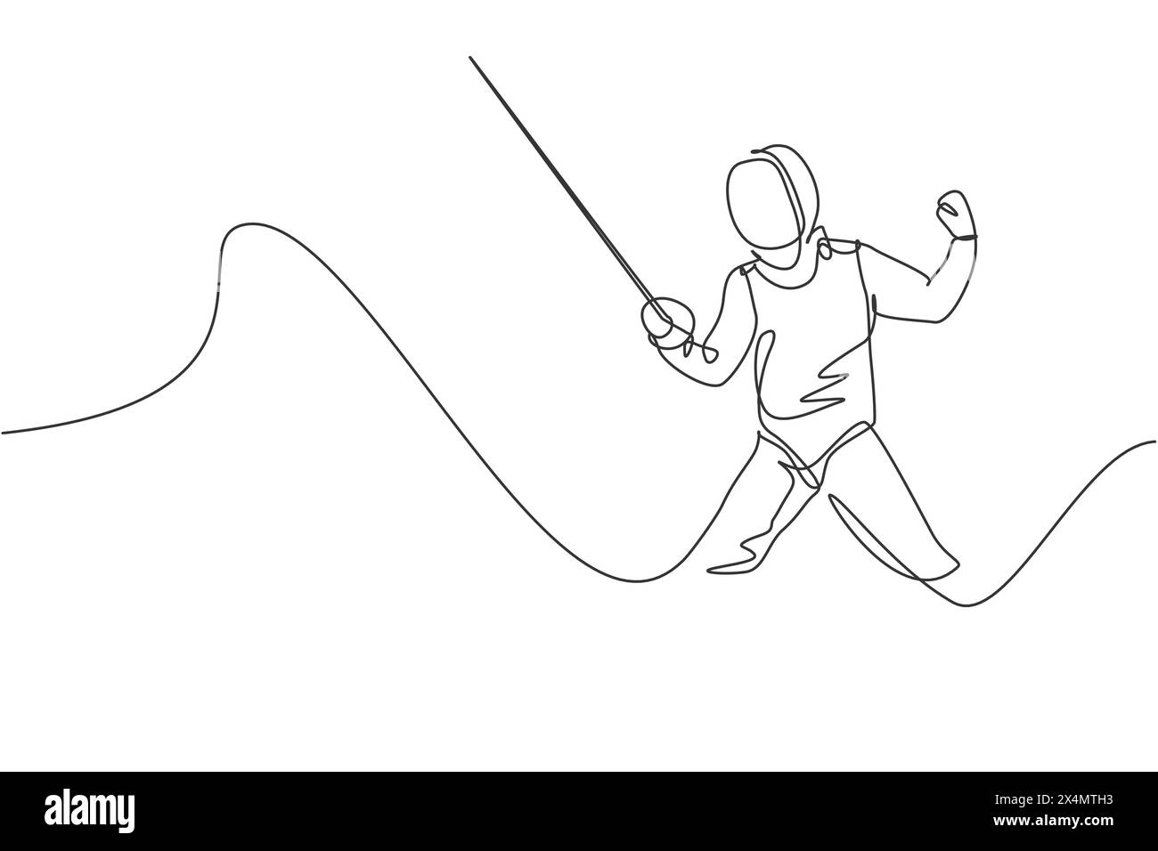 One single line drawing of young man fencer athlete in fencing costume ...