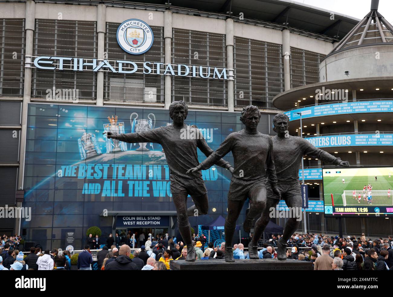 The statue of Colin Bell, Francis Lee and Mike Summerbee outside the ...