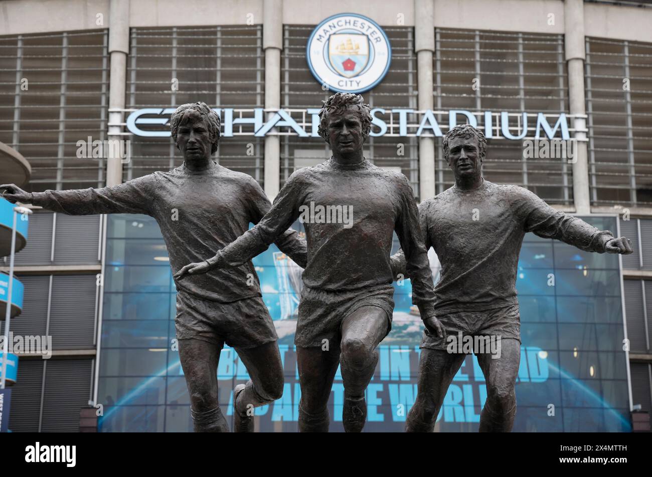 The statue of Colin Bell, Francis Lee and Mike Summerbee outside the ...