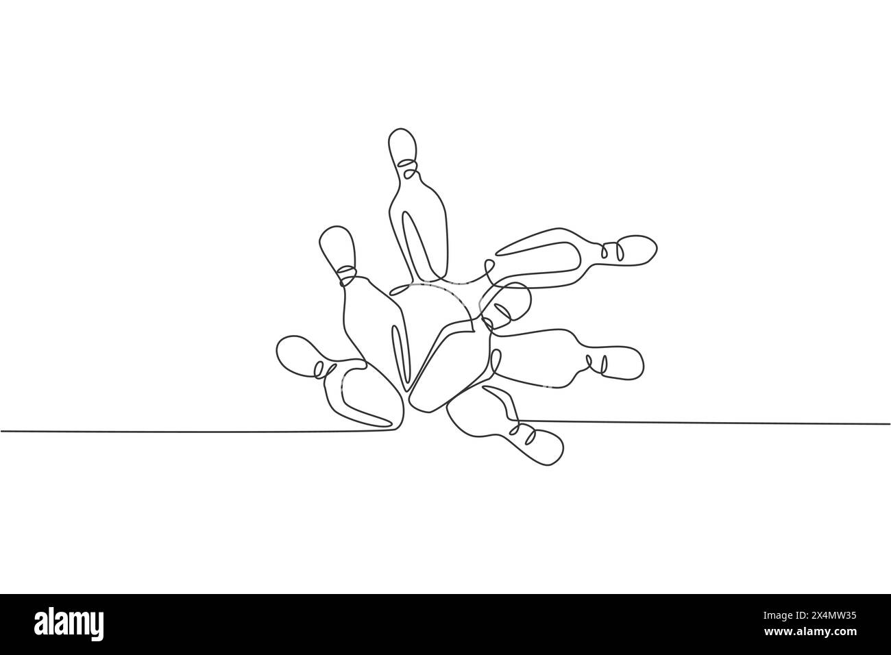 One continuous line drawing lined up bowling pins falling apart hit by ...