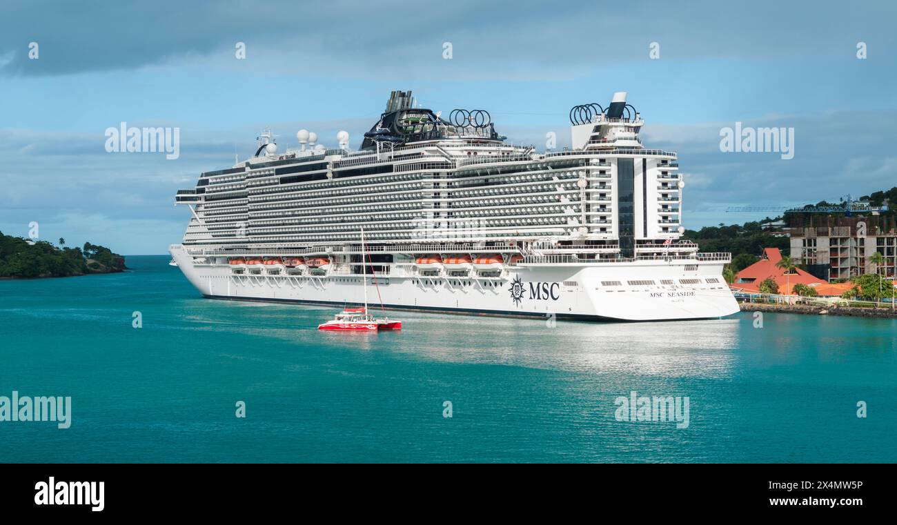 Castries, St Lucia - Nov 27, 2023: Side view of cruise ship MSC Seaside in port of Castries, St ...