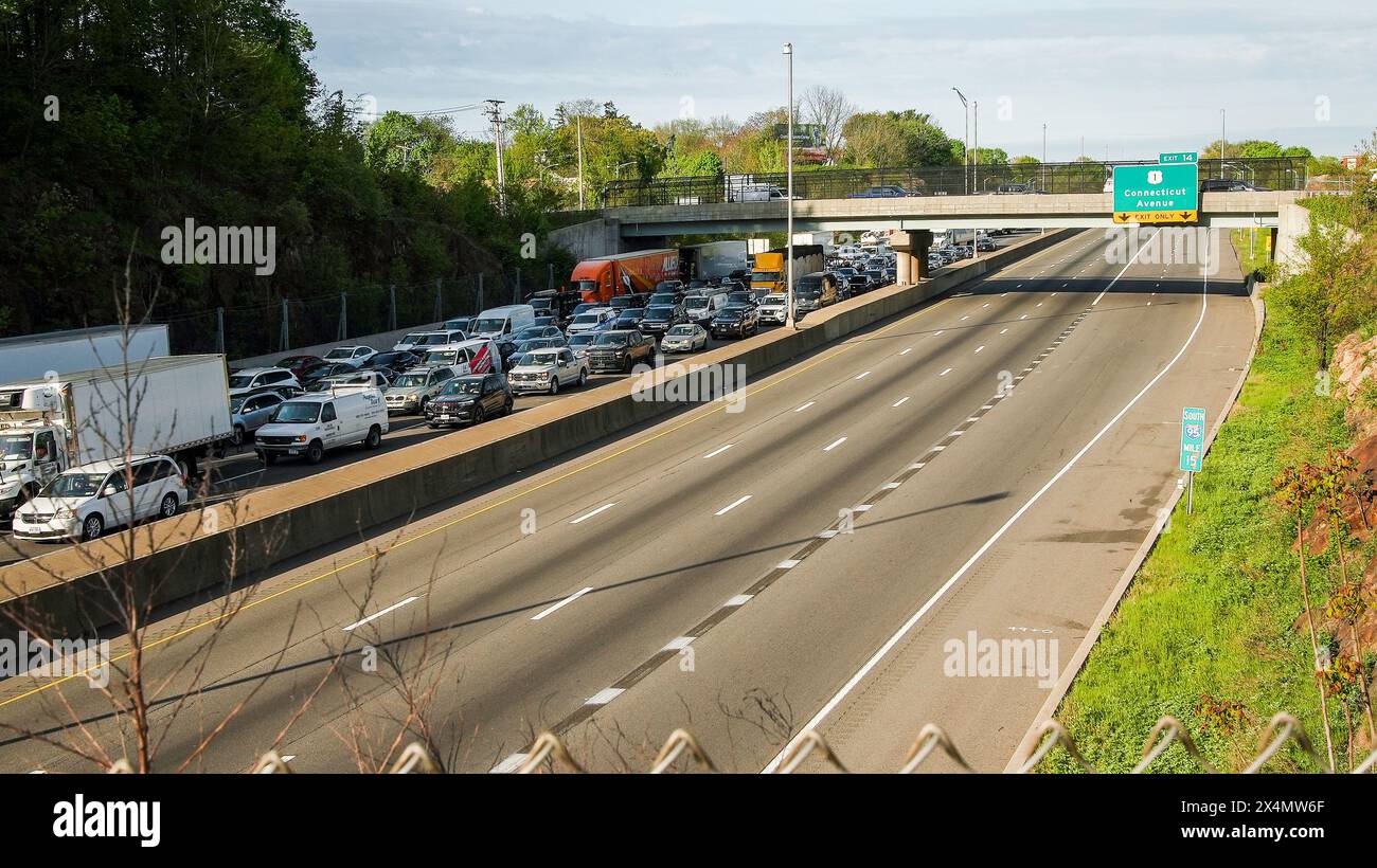 NORWALK, CT, USA- MAY 4, 2024: Traffic on North line during cleaning on ...