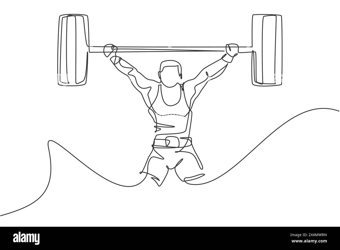 One single line drawing of fit young athlete muscular man lifting barbells working out at a gym ...