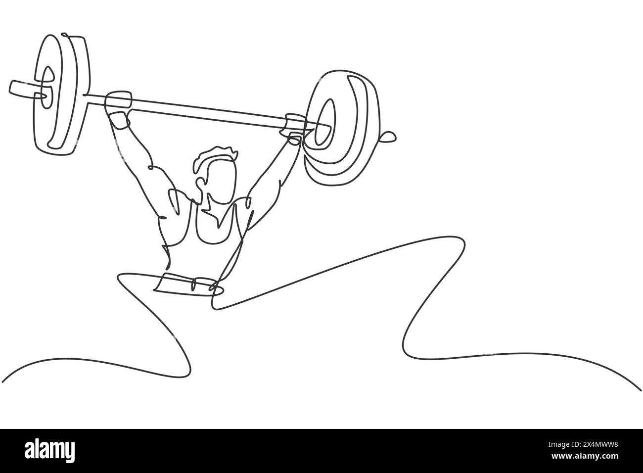 One single line drawing of fit young athlete muscular man lifting barbells working out at a gym ...