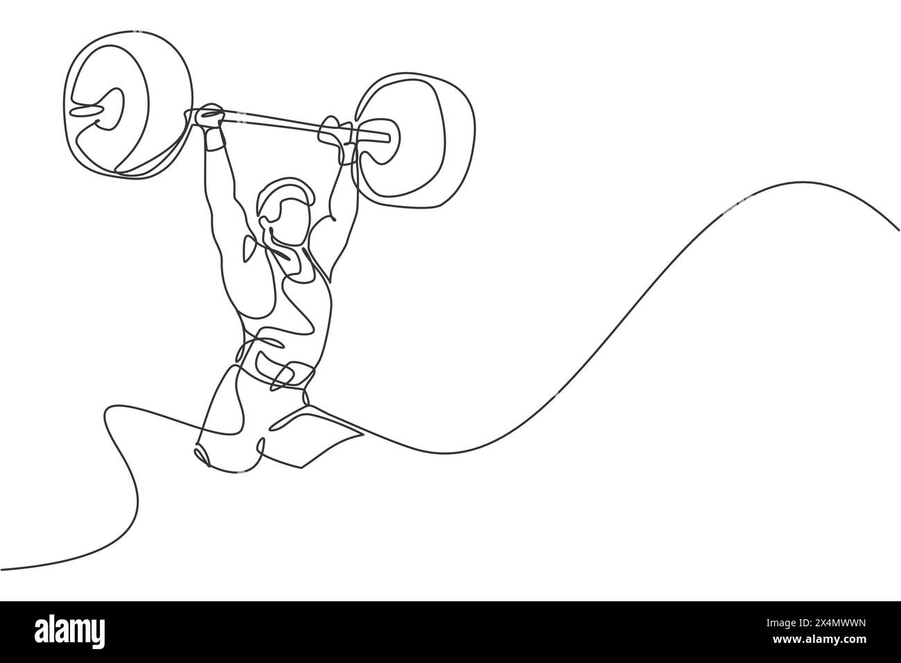 Single continuous line drawing of young strong weightlifter man ...