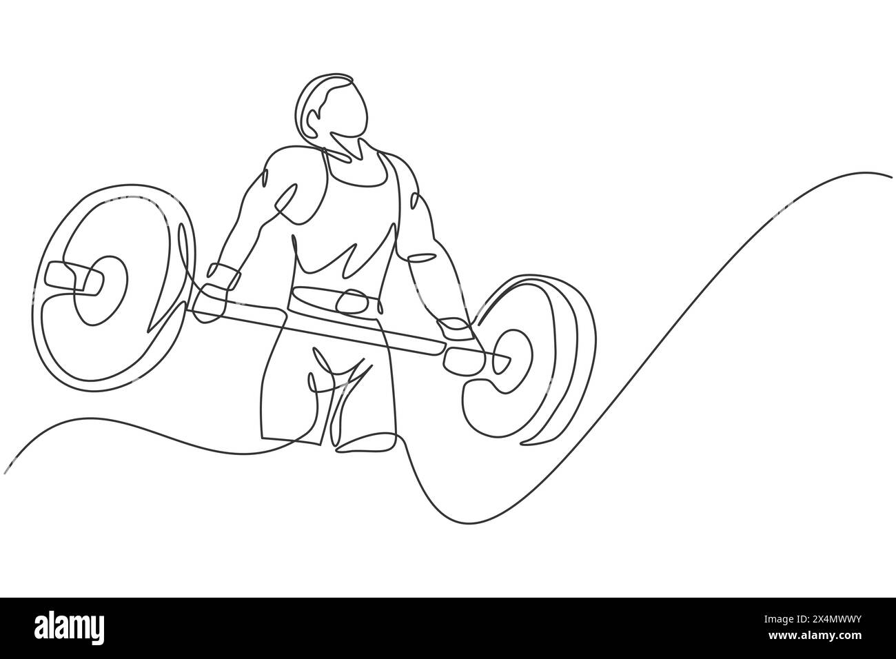 Single continuous line drawing of young strong weightlifter man ...