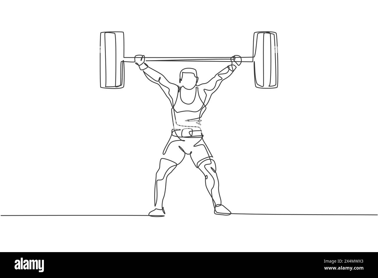 One single line drawing of fit young athlete muscular man lifting barbells working out at a gym ...
