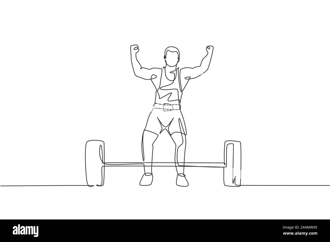 One continuous line drawing of young bodybuilder man doing exercise with a heavy weight bar in ...