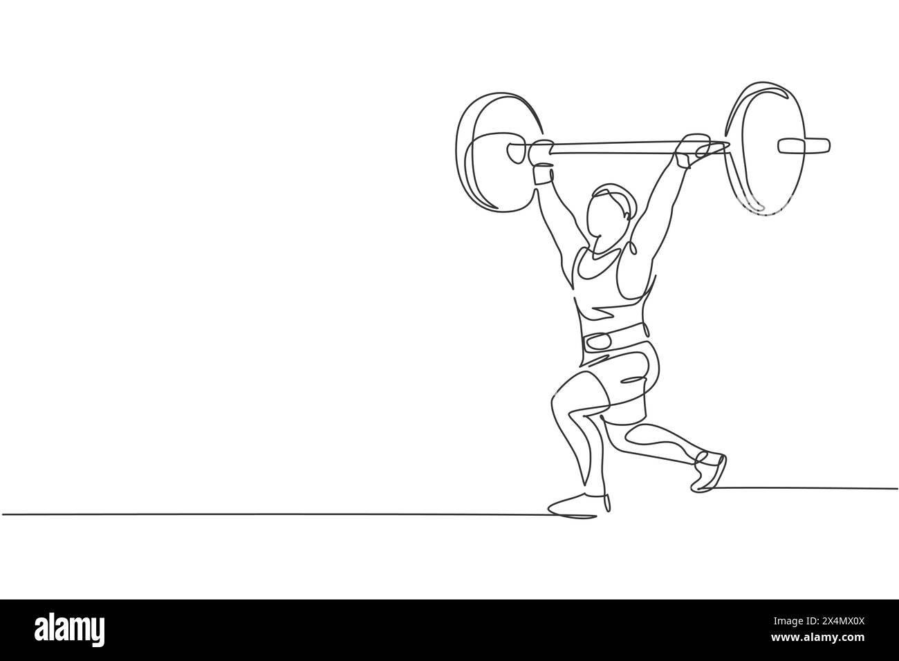 One continuous line drawing of young bodybuilder man doing exercise with a heavy weight bar in ...