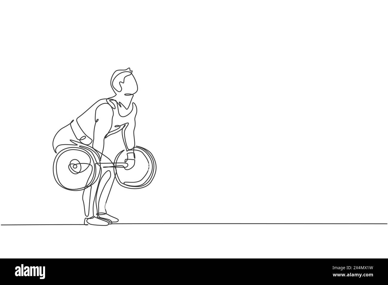 One continuous line drawing of young bodybuilder man doing exercise ...