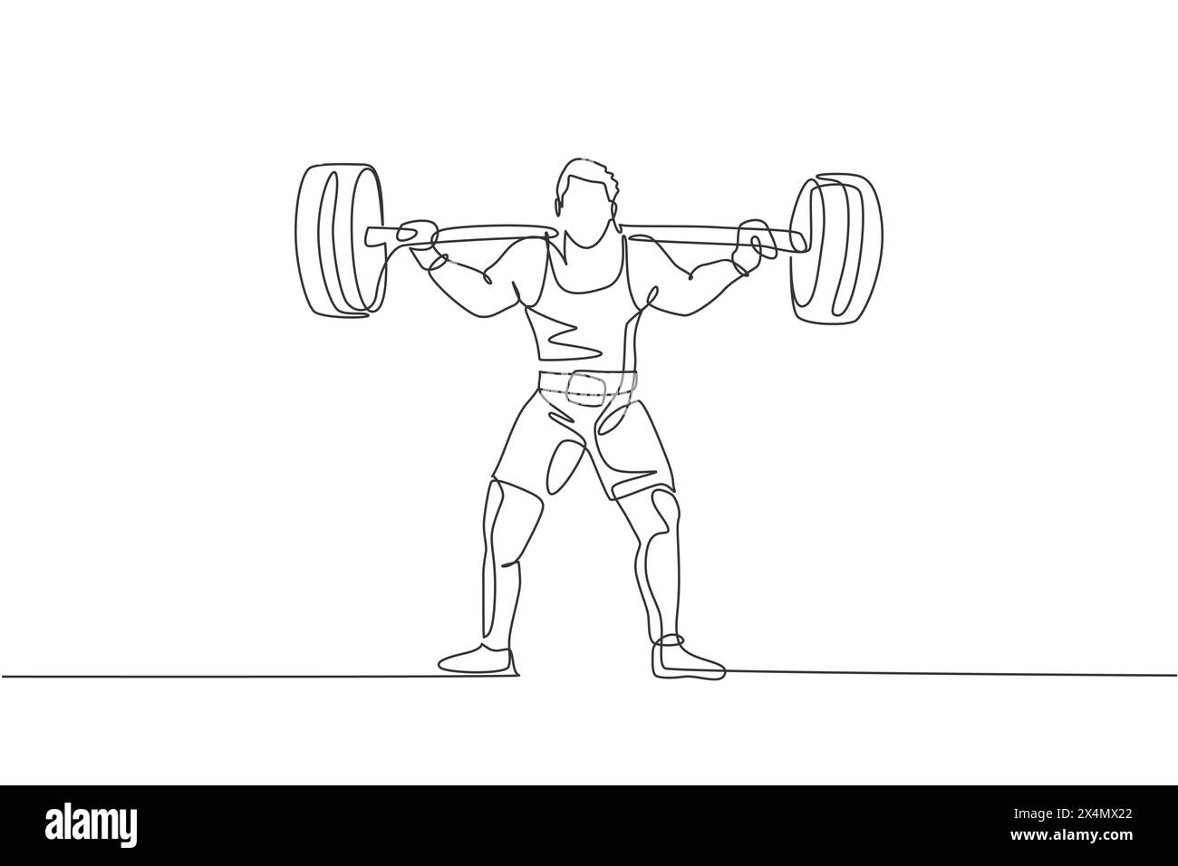 Single continuous line drawing of young strong weightlifter man ...