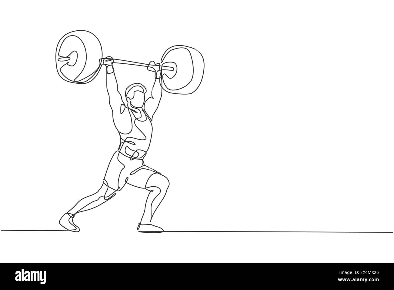 One continuous line drawing of young bodybuilder man doing exercise with a heavy weight bar in ...