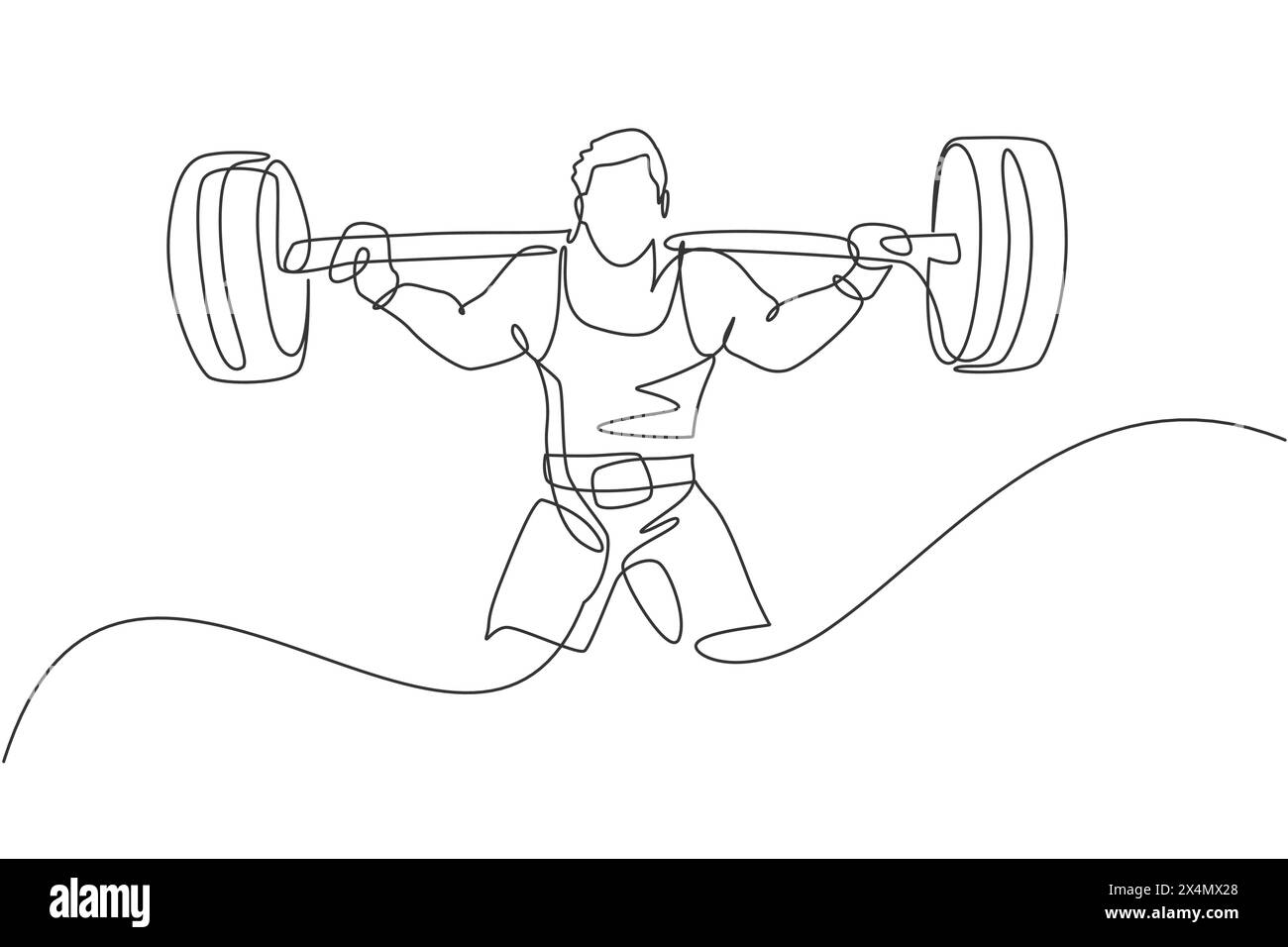 Single continuous line drawing of young strong weightlifter man preparing for barbell workout in ...