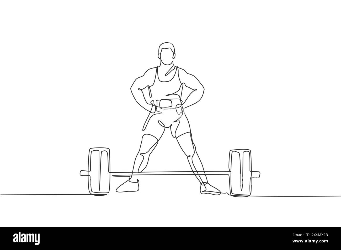 One continuous line drawing of young bodybuilder man doing exercise with a heavy weight bar in ...