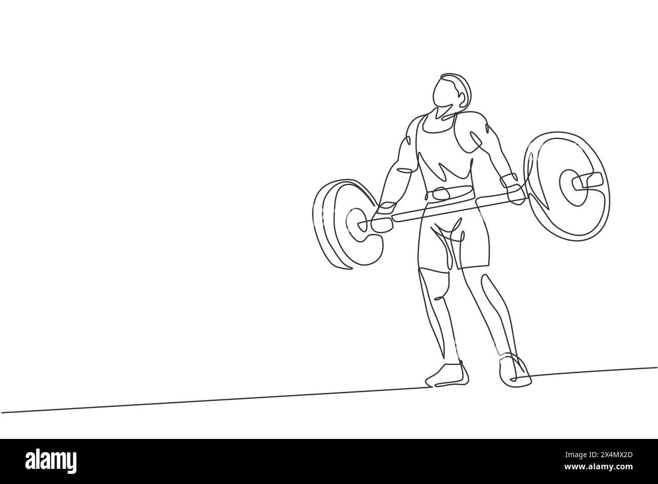 One continuous line drawing of young bodybuilder man doing exercise with a heavy weight bar in ...