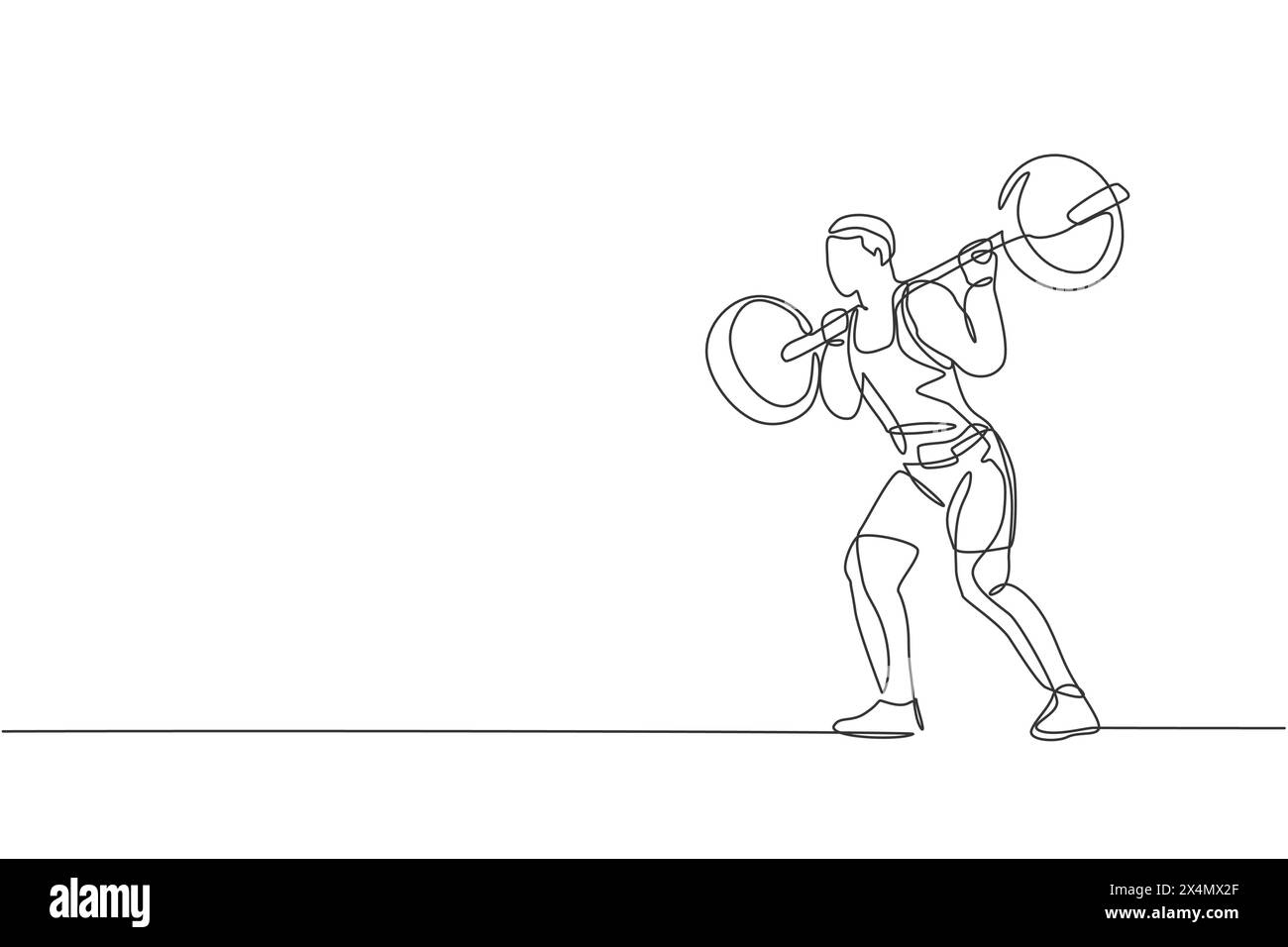 Single continuous line drawing of young strong weightlifter man ...