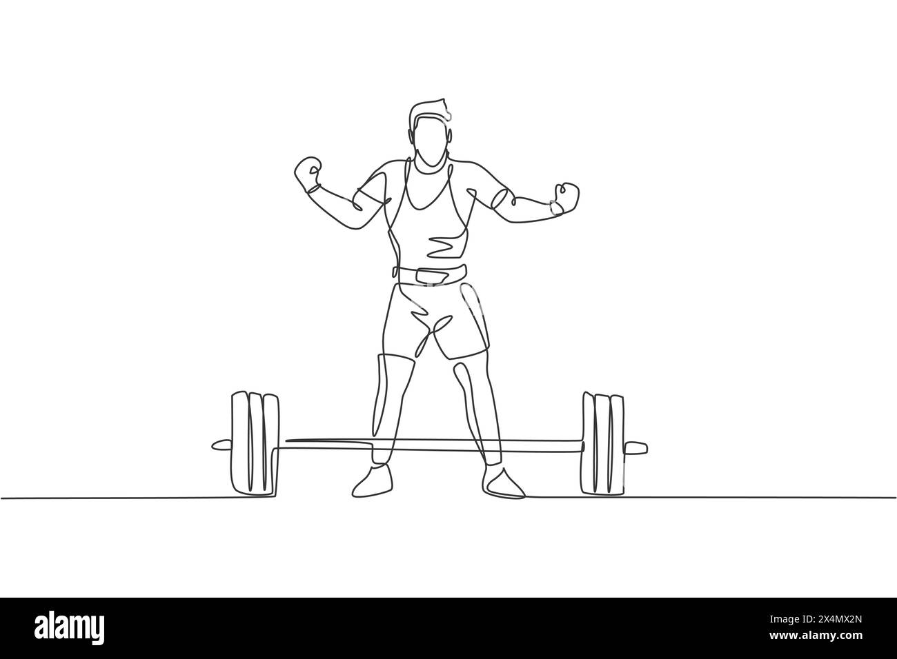 One single line drawing of fit young athlete muscular man lifting barbells working out at a gym ...