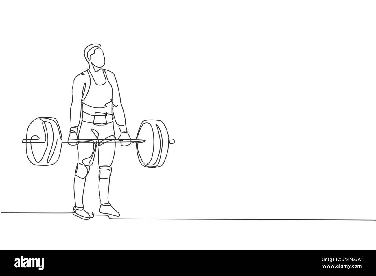 One single line drawing of fit young athlete muscular man lifting barbells working out at a gym ...