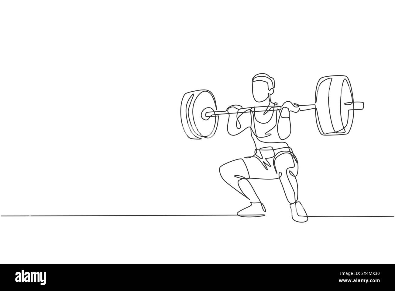 Single continuous line drawing of young strong weightlifter man ...