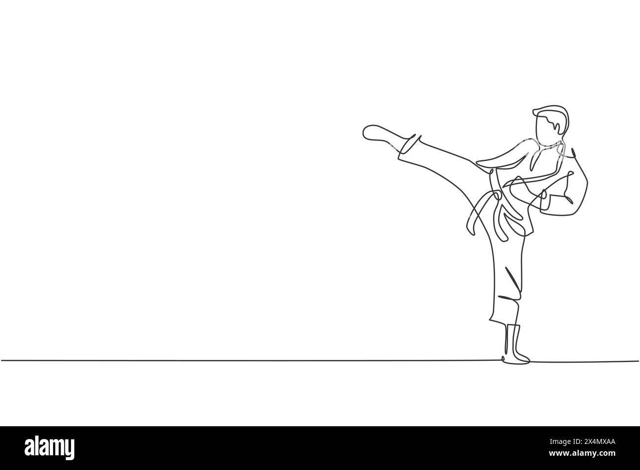 One single line drawing of young sporty karateka man in fight uniform ...