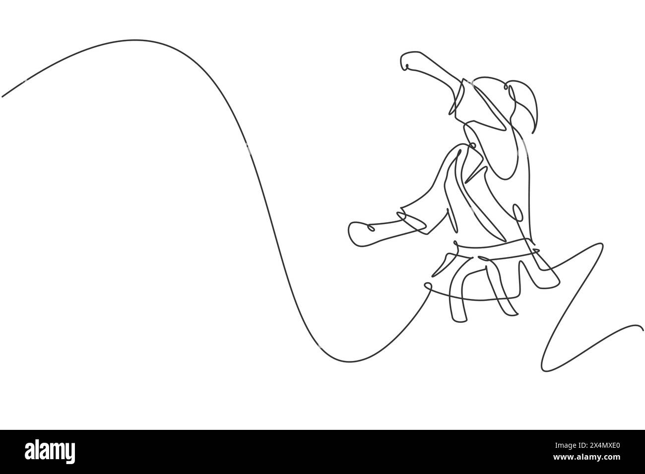 One continuous line drawing of young talented karateka girl train pose ...