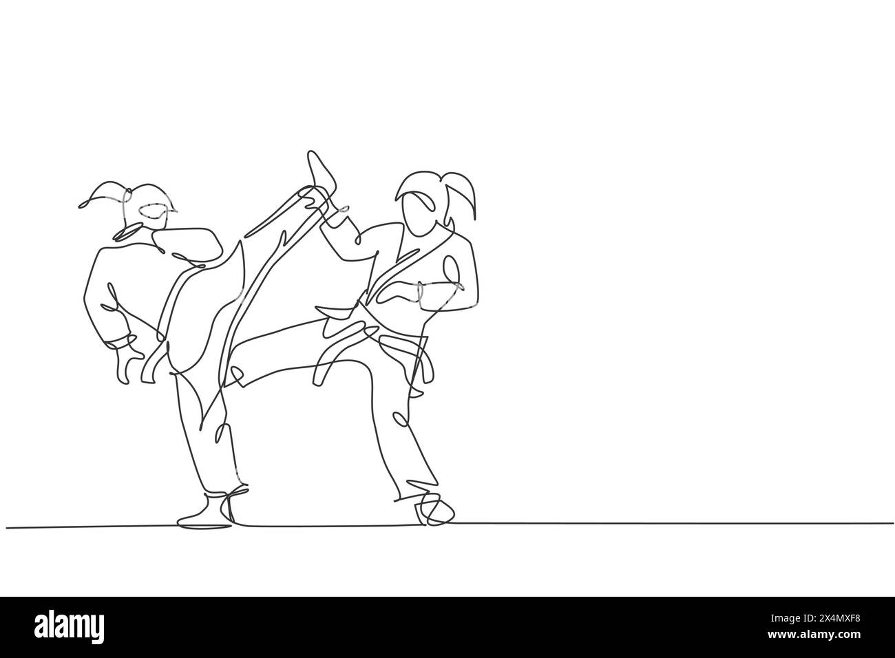 One continuous line drawing of two young talented karateka girls train ...