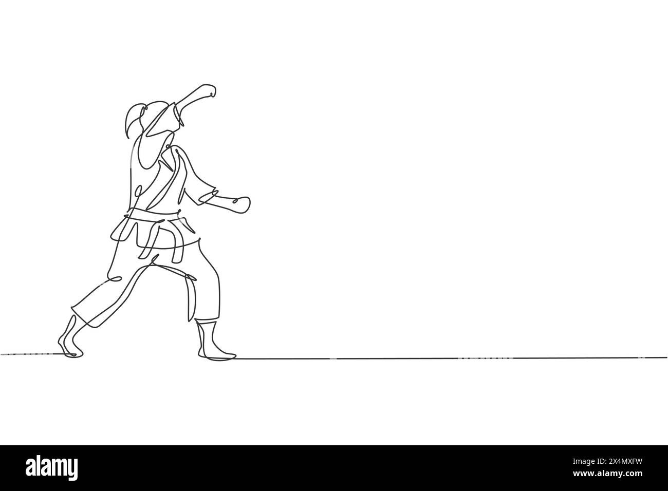 Single continuous line drawing of young confident karateka girl in ...